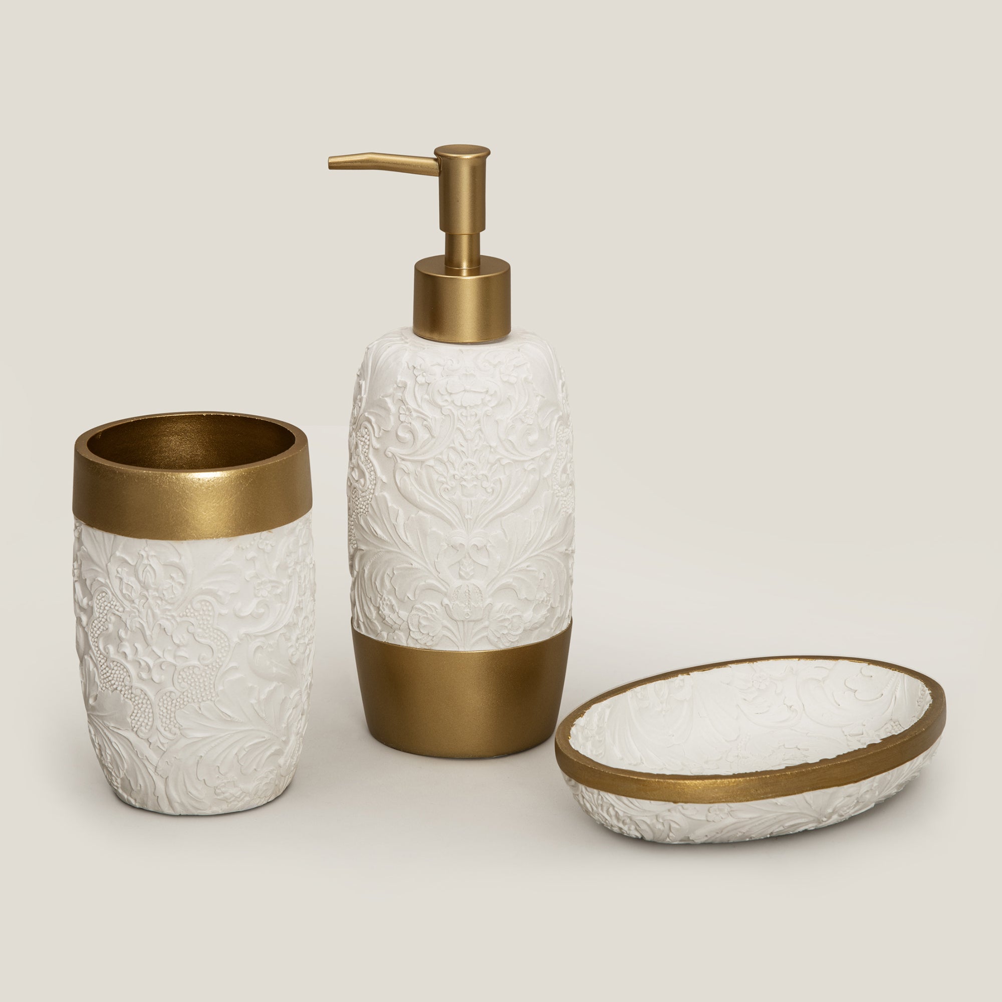 Buy Damask White & Gold Ceramic Bath Set Online – Address Home